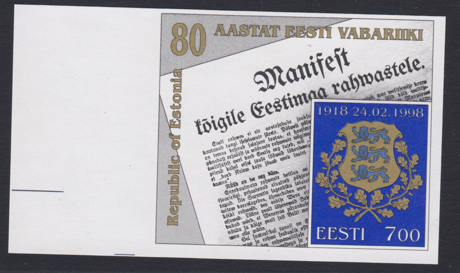 Estonia stamps, 80a Eesti Vabariiki, 1998, ääreribaga - Positsioon ...