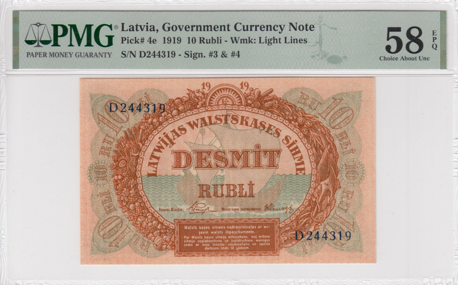 Latvia 10 Rubli 1919 - PMG EPQ 58 Choice About Unc - Lot №4016. Auction ...