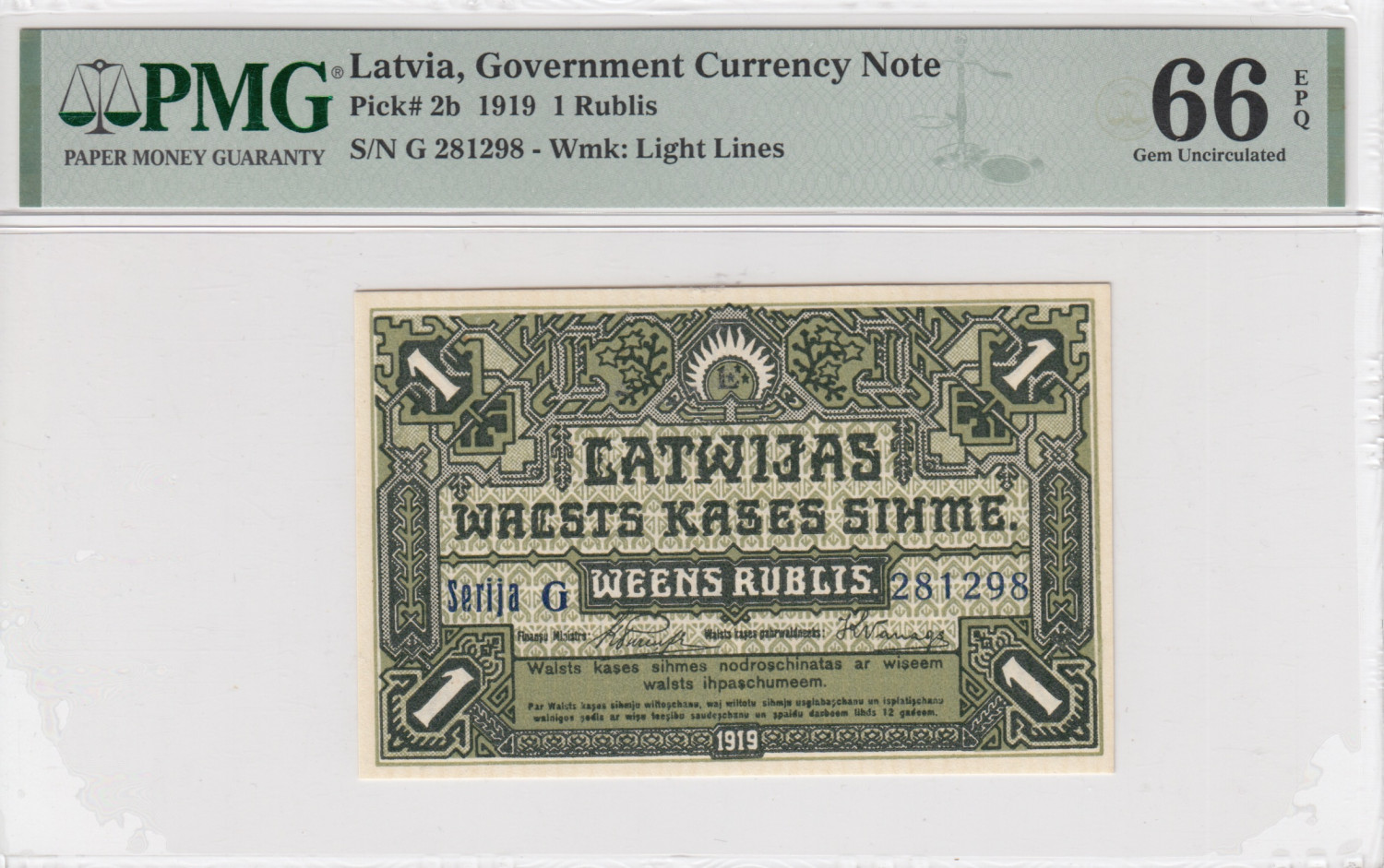 Latvia 1 Rublis 1919 - PMG EPQ 66 Gem Uncirculated - Lot №4014. Auction ...