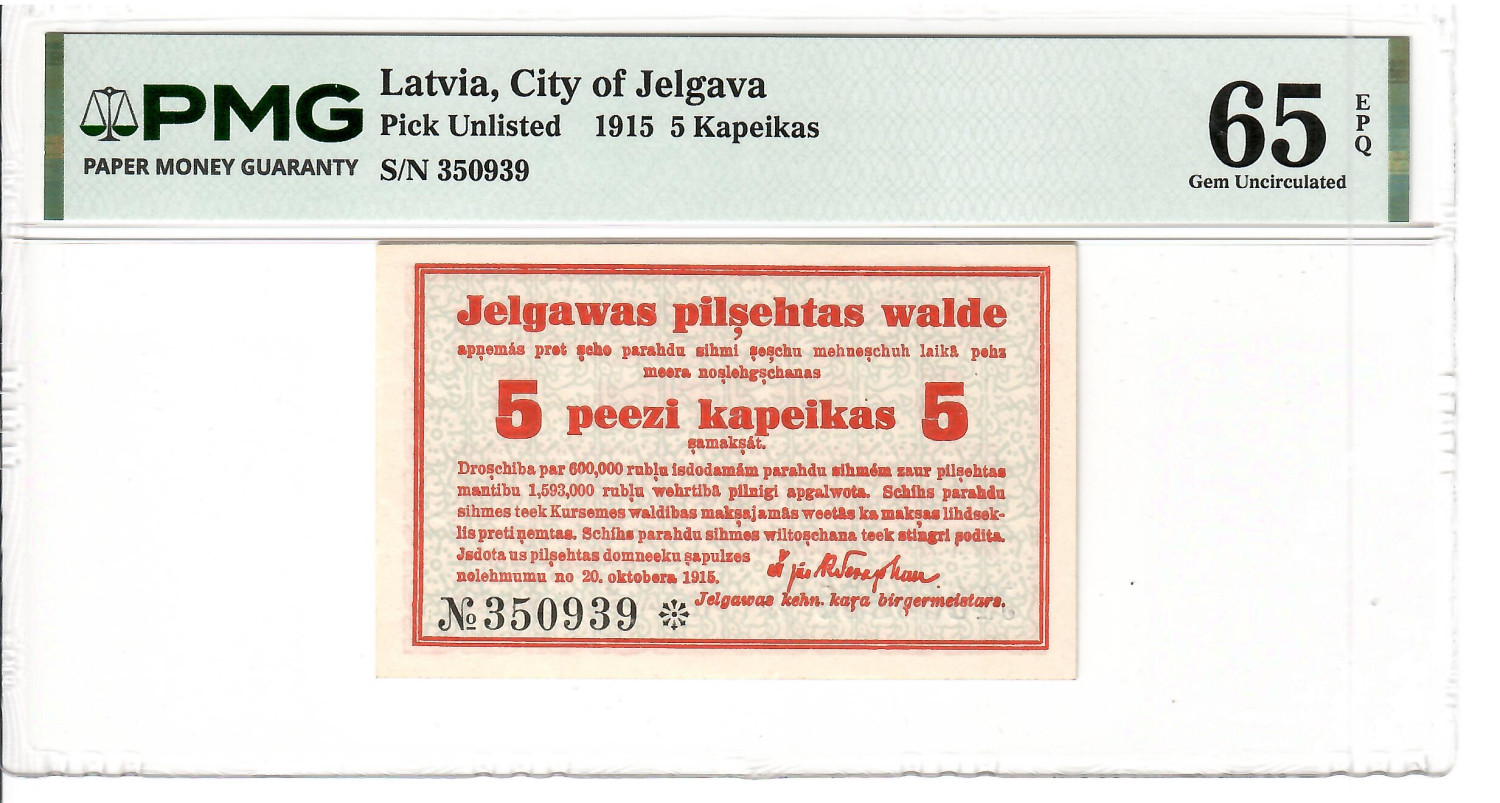 Latvia, City of Jelgava 5 Kapeikas 1915 - PMG 65 Gem Uncirculated EPQ ...